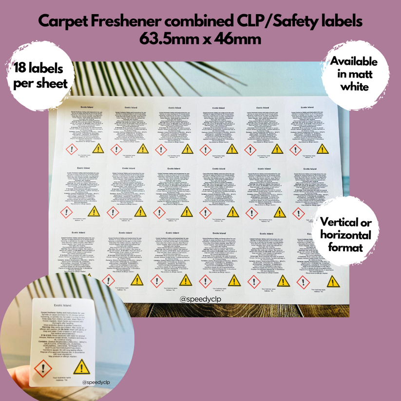 Carpet Freshener Combined CLP & Safety advice labels – Speedy CLP Ltd